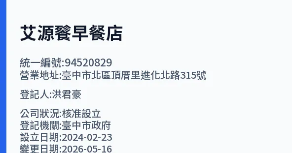 艾源餮早餐店的照片-統編 94520829(臺中市) 公司登記資料與營業項目詳細圖表