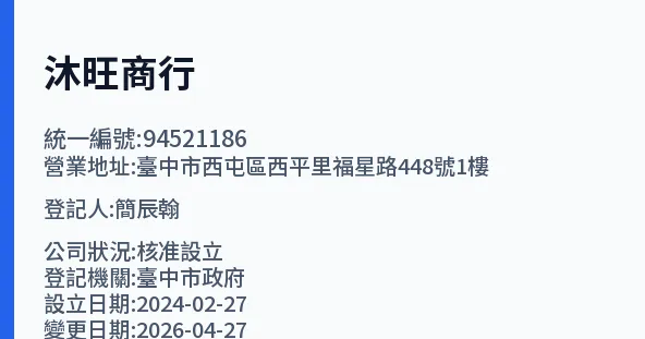 沐旺商行的照片-統編 94521186(臺中市) 公司登記資料與營業項目詳細圖表