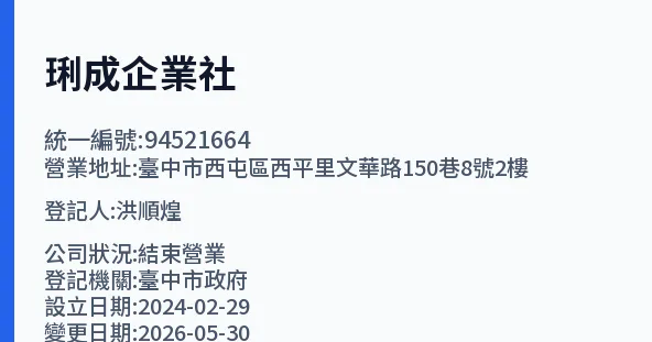 琍成企業社的照片-統編 94521664(臺中市) 公司登記資料與營業項目詳細圖表