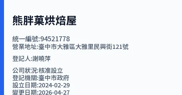 熊胖菓烘焙屋的照片-統編 94521778(臺中市) 公司登記資料與營業項目詳細圖表