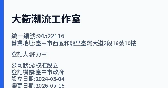 大衛潮流工作室的照片-統編 94522116(臺中市) 公司登記資料與營業項目詳細圖表