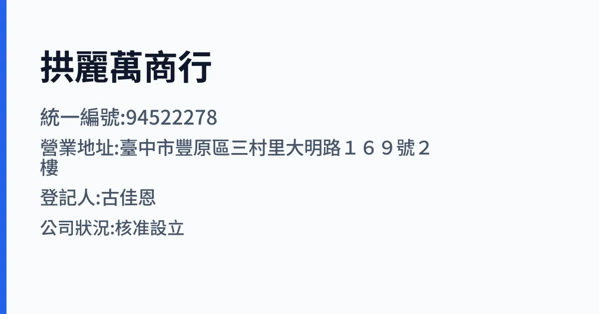 拱麗萬商行 - 統編 94522278(臺中市) 公司登記資料與營業項目詳細圖表