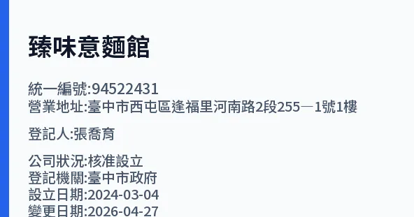 臻味意麵館的照片-統編 94522431(臺中市) 公司登記資料與營業項目詳細圖表