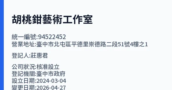 胡桃鉗藝術工作室的照片-統編 94522452(臺中市) 公司登記資料與營業項目詳細圖表