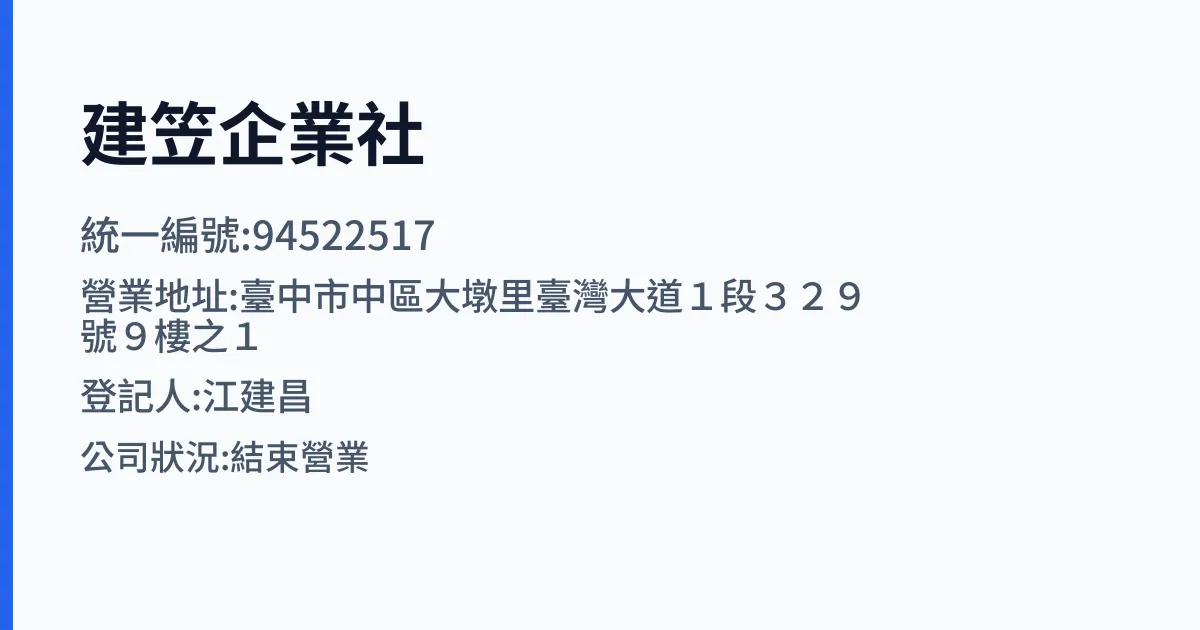建笠企業社 - 統編 94522517(臺中市) 公司登記資料與營業項目詳細圖表