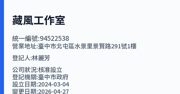 藏風工作室的照片-統編 94522538(臺中市) 公司登記資料與營業項目詳細圖表