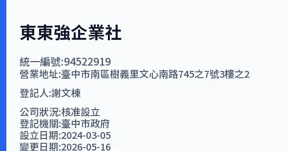 東東強企業社的照片-統編 94522919(臺中市) 公司登記資料與營業項目詳細圖表