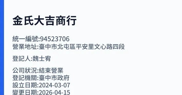 金氏大吉商行的照片-統編 94523706(臺中市) 公司登記資料與營業項目詳細圖表