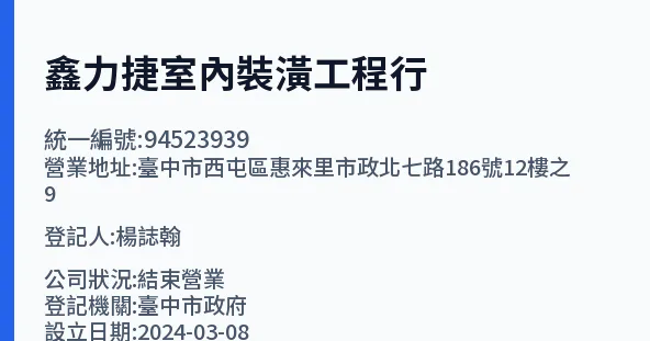 鑫力捷室內裝潢工程行的照片-統編 94523939(臺中市) 公司登記資料與營業項目詳細圖表