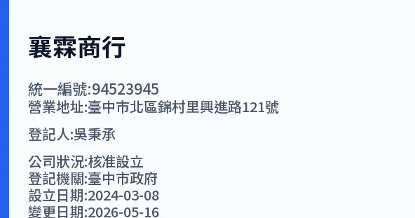 襄霖商行的照片-統編 94523945(臺中市) 公司登記資料與營業項目詳細圖表