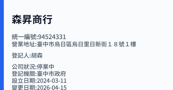 森昇商行的照片-統編 94524331(臺中市) 公司登記資料與營業項目詳細圖表