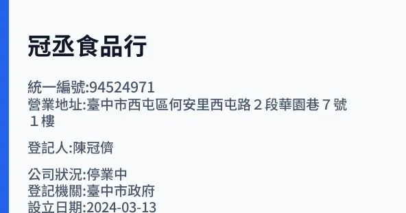 冠丞食品行的照片-統編 94524971(臺中市) 公司登記資料與營業項目詳細圖表