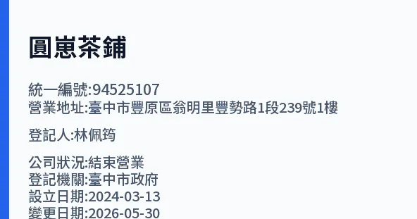 圓崽茶鋪的照片-統編 94525107(臺中市) 公司登記資料與營業項目詳細圖表
