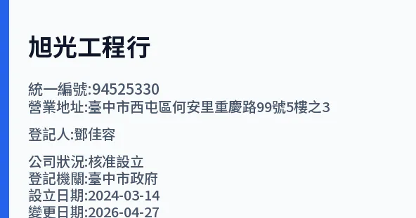 旭光工程行的照片-統編 94525330(臺中市) 公司登記資料與營業項目詳細圖表