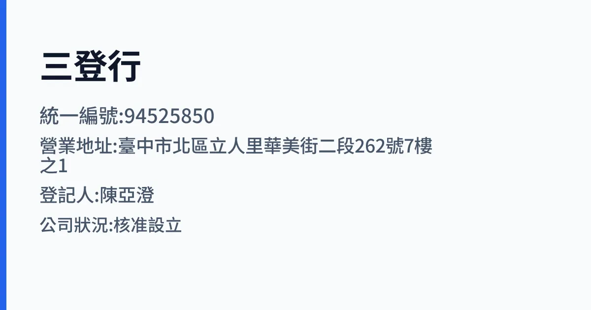 三登行 - 統編 94525850(臺中市) 公司登記資料與營業項目詳細圖表