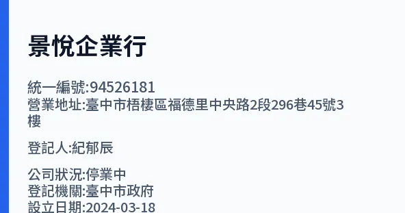 景悅企業行的照片-統編 94526181(臺中市) 公司登記資料與營業項目詳細圖表