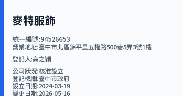 麥特服飾的照片-統編 94526653(臺中市) 公司登記資料與營業項目詳細圖表