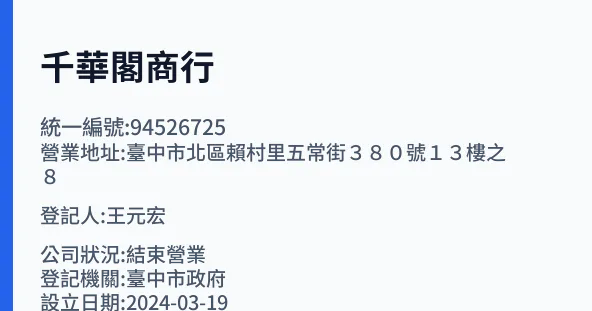 千華閣商行的照片-統編 94526725(臺中市) 公司登記資料與營業項目詳細圖表