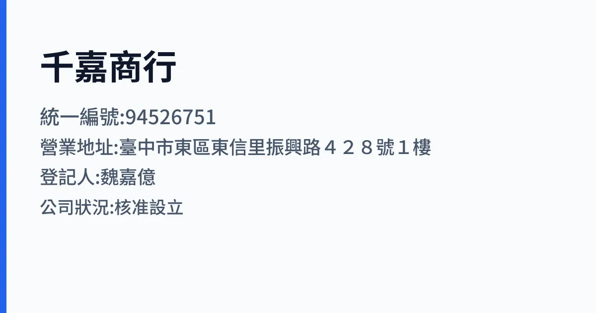 千嘉商行 - 統編 94526751(臺中市) 公司登記資料與營業項目詳細圖表