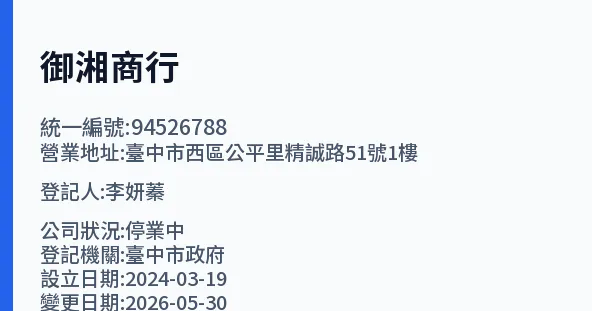 御湘商行的照片-統編 94526788(臺中市) 公司登記資料與營業項目詳細圖表