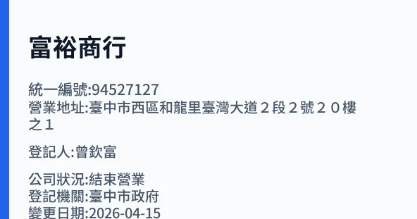 富裕商行的照片-統編 94527127(臺中市) 公司登記資料與營業項目詳細圖表