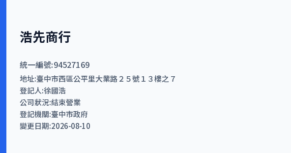 浩先商行的照片-統編 94527169(臺中市) 公司登記資料與營業項目詳細圖表