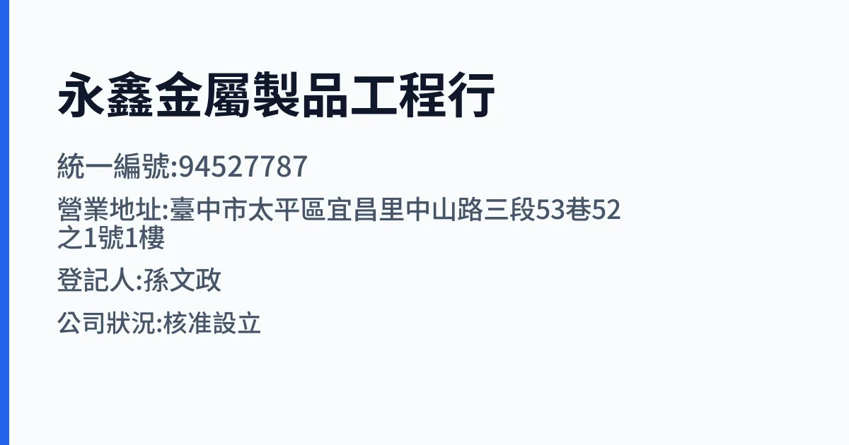 永鑫金屬製品工程行 - 統編 94527787(臺中市) 公司登記資料與營業項目詳細圖表