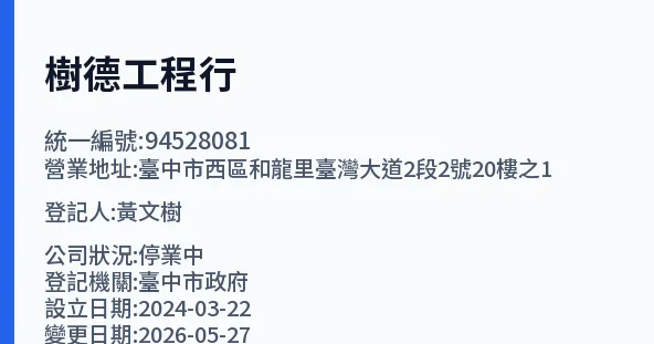 樹德工程行的照片-統編 94528081(臺中市) 公司登記資料與營業項目詳細圖表