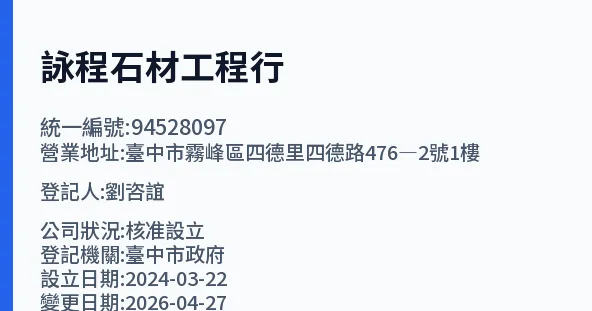 詠程石材工程行的照片-統編 94528097(臺中市) 公司登記資料與營業項目詳細圖表