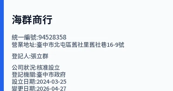 海群商行的照片-統編 94528358(臺中市) 公司登記資料與營業項目詳細圖表