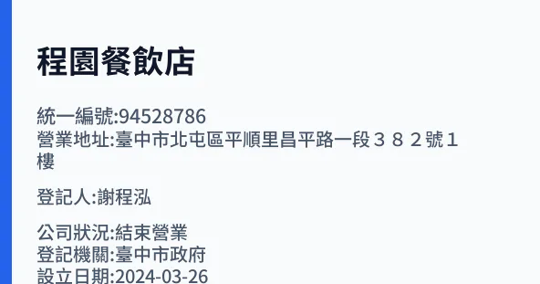 程園餐飲店的照片-統編 94528786(臺中市) 公司登記資料與營業項目詳細圖表