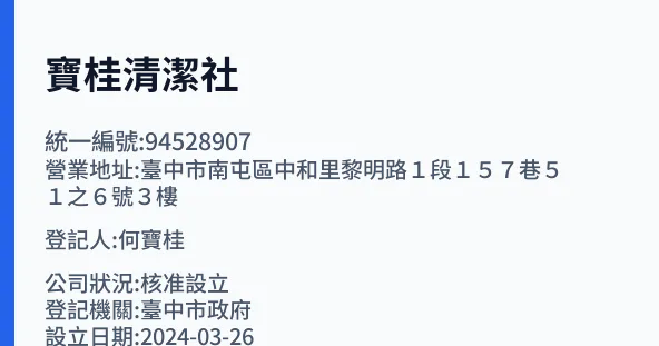 寶桂清潔社的照片-統編 94528907(臺中市) 公司登記資料與營業項目詳細圖表
