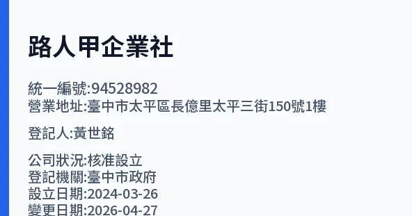 路人甲企業社的照片-統編 94528982(臺中市) 公司登記資料與營業項目詳細圖表