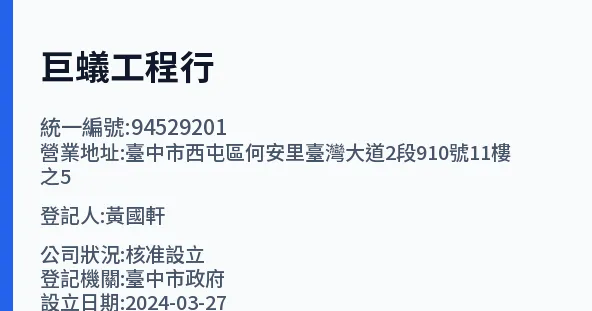 巨蟻工程行的照片-統編 94529201(臺中市) 公司登記資料與營業項目詳細圖表