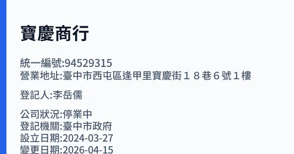 寶慶商行的照片-統編 94529315(臺中市) 公司登記資料與營業項目詳細圖表