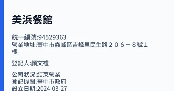 美浜餐館的照片-統編 94529363(臺中市) 公司登記資料與營業項目詳細圖表