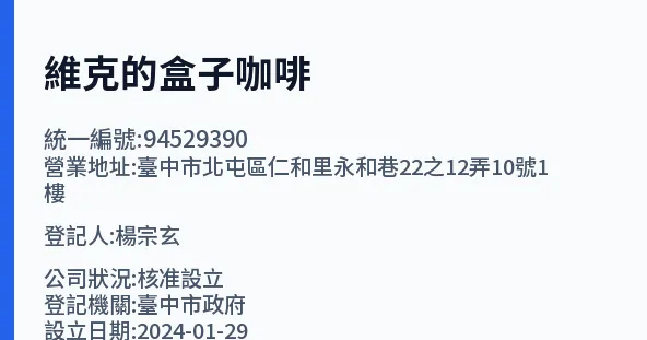 維克的盒子咖啡的照片-統編 94529390(臺中市) 公司登記資料與營業項目詳細圖表