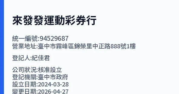來發發運動彩券行的照片-統編 94529687(臺中市) 公司登記資料與營業項目詳細圖表