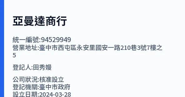 亞曼達商行的照片-統編 94529949(臺中市) 公司登記資料與營業項目詳細圖表