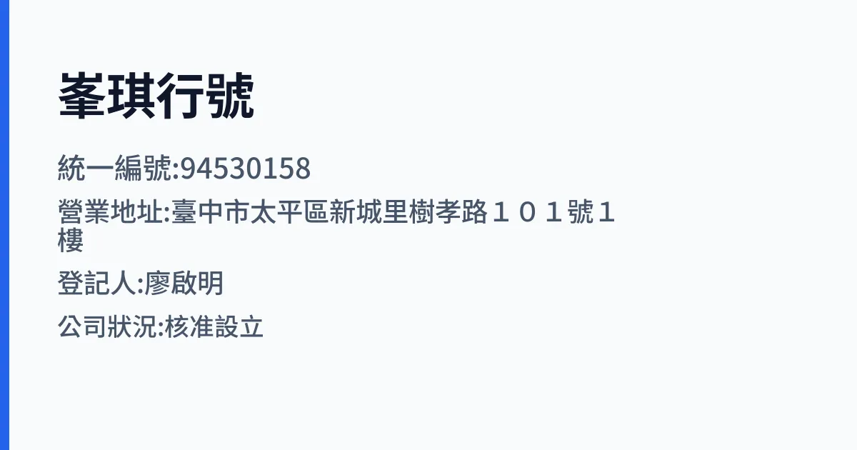 峯琪行號 - 統編 94530158(臺中市) 公司登記資料與營業項目詳細圖表