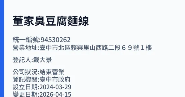董家臭豆腐麵線的照片-統編 94530262(臺中市) 公司登記資料與營業項目詳細圖表