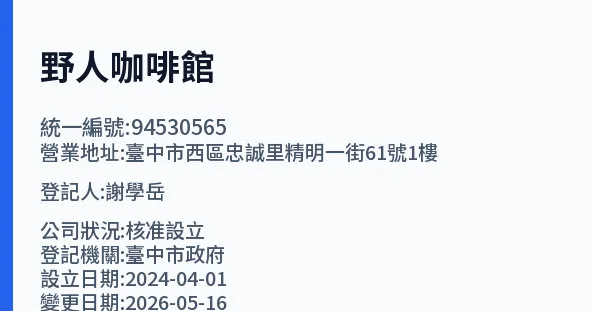 野人咖啡館的照片-統編 94530565(臺中市) 公司登記資料與營業項目詳細圖表