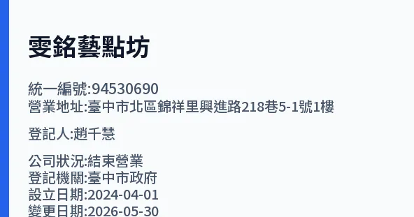 雯銘藝點坊的照片-統編 94530690(臺中市) 公司登記資料與營業項目詳細圖表