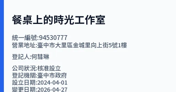 餐桌上的時光工作室的照片-統編 94530777(臺中市) 公司登記資料與營業項目詳細圖表