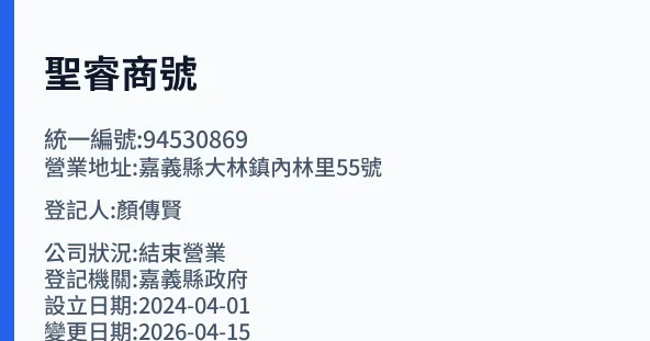 聖睿商號的照片-統編 94530869(臺中市) 公司登記資料與營業項目詳細圖表