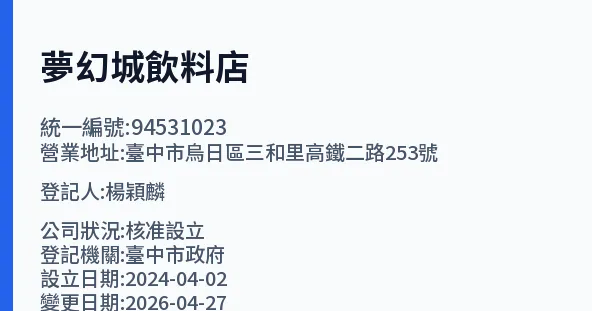 夢幻城飲料店的照片-統編 94531023(臺中市) 公司登記資料與營業項目詳細圖表