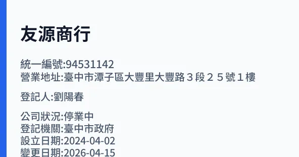 友源商行的照片-統編 94531142(臺中市) 公司登記資料與營業項目詳細圖表