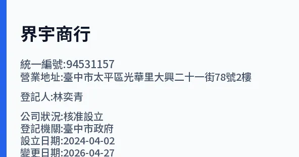 界宇商行的照片-統編 94531157(臺中市) 公司登記資料與營業項目詳細圖表