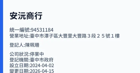 安沅商行的照片-統編 94531184(臺中市) 公司登記資料與營業項目詳細圖表
