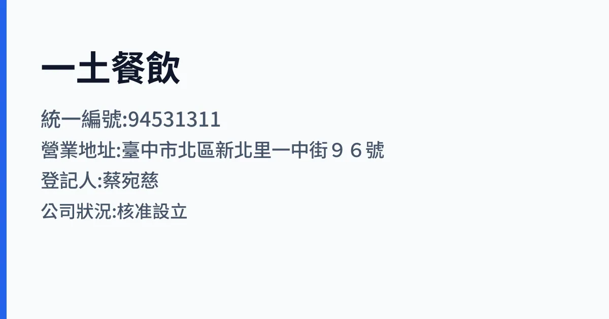 一土餐飲 - 統編 94531311(臺中市) 公司登記資料與營業項目詳細圖表